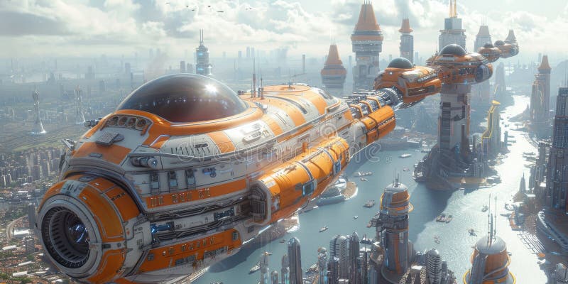 Futuristic Cityscape with Spacecraft, Towering Structures, and ...