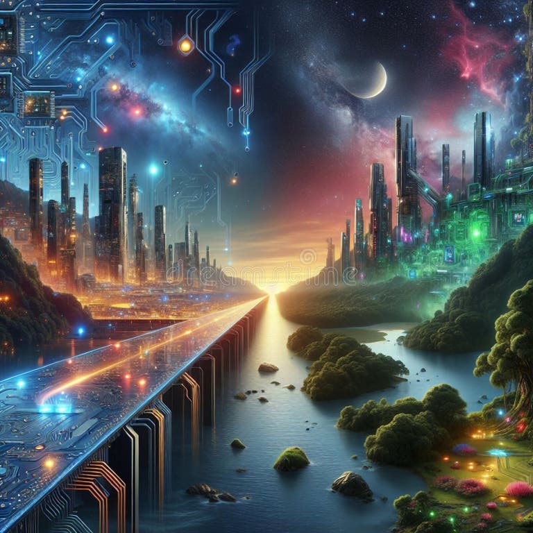 A Futuristic Cityscape Split by a River, One Side Dominated by ...