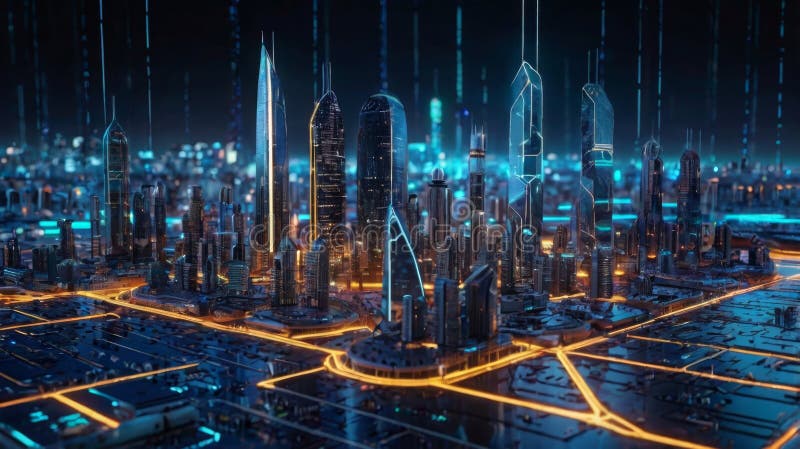 Futuristic Cityscape Standing on Circuit Board with Glowing Blue Lights ...