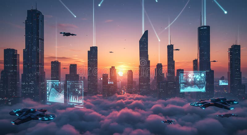 Futuristic Cityscape at Sunset with Cloud Layer and Flying Ships Stock ...