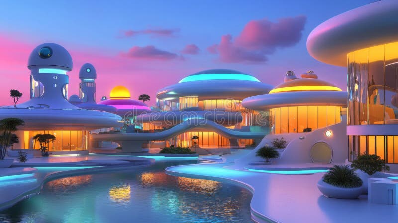 Futuristic Cityscape at Sunset: Dome Shaped Buildings with Neon Lights ...