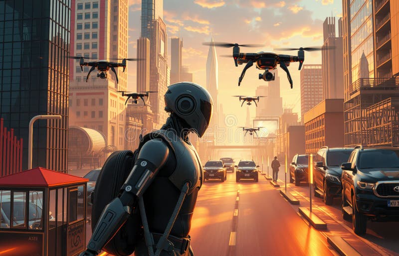 Futuristic Cityscape at Sunset Features Humanoid Robot Walking among ... Futuristic Cityscape at Sunset Features Humanoid Robot Walking among ...