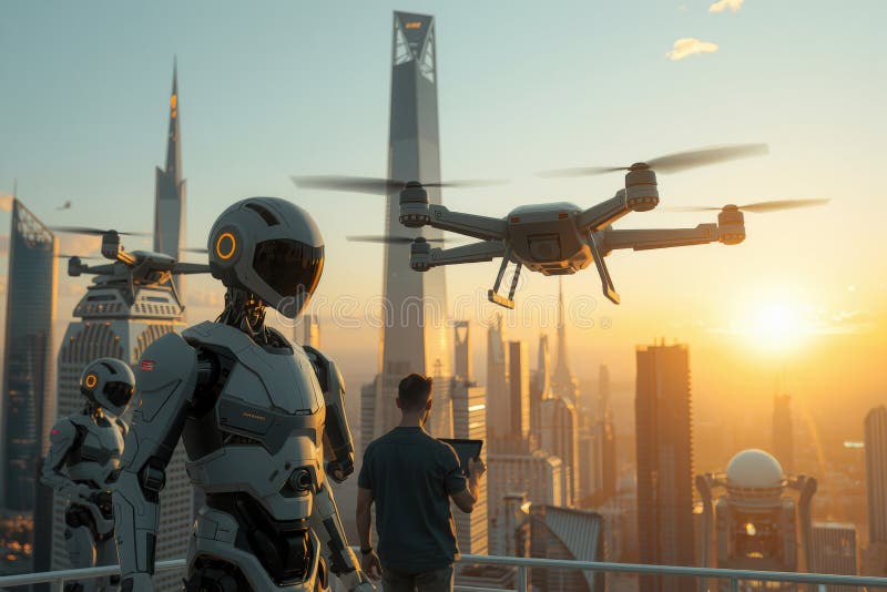 Futuristic Cityscape at Sunset Features Humanoid Robots and Drones ...