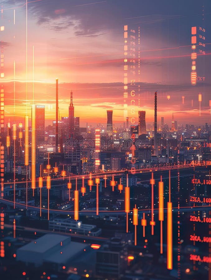 A Futuristic Cityscape at Sunset with Glowing Digital Data Streams ...