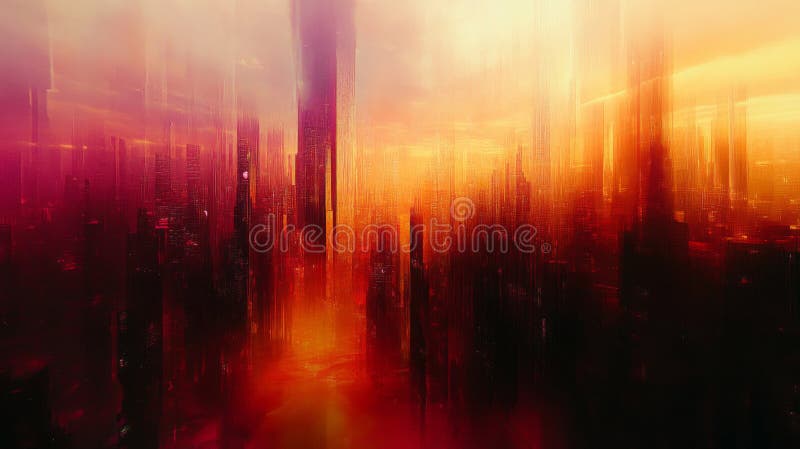 Futuristic Cityscape at Sunset Glowing Red Hues Stock Illustration ...