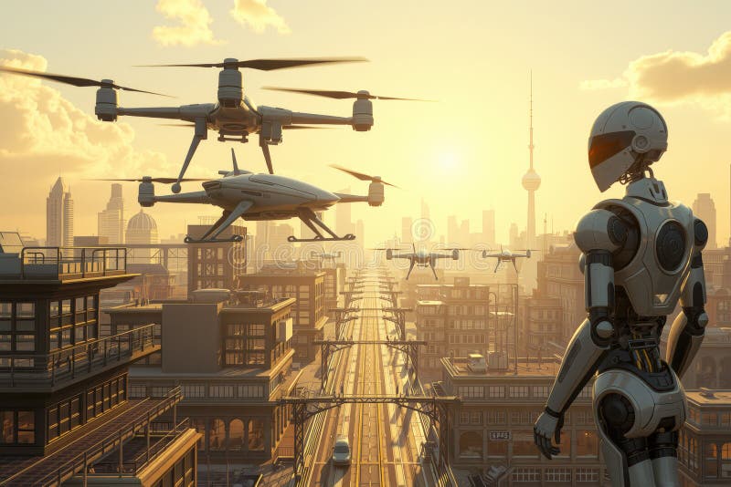 Futuristic Cityscape at Sunset with Humanoid Robot Observing Drones ... Futuristic Cityscape at Sunset with Humanoid Robot Observing Drones ...