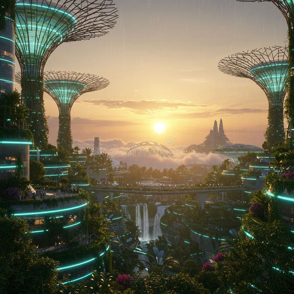 Futuristic Cityscape at Sunset with Large, Tree-like Structures ...