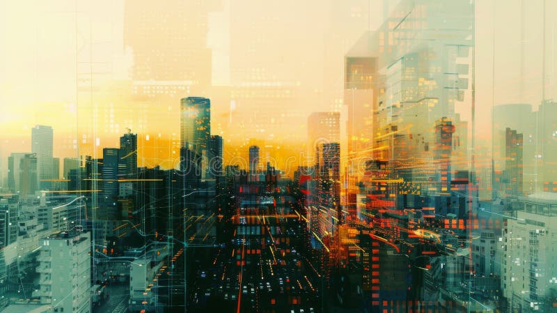 Futuristic Cityscape at Sunset with Modern Skyscrapers Stock ...
