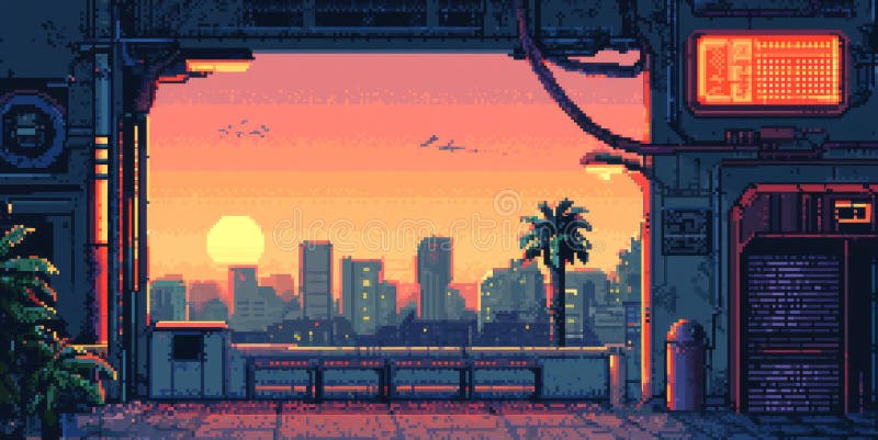 Futuristic Cityscape at Sunset in Pixel Art with Urban Skyline and Palm ...