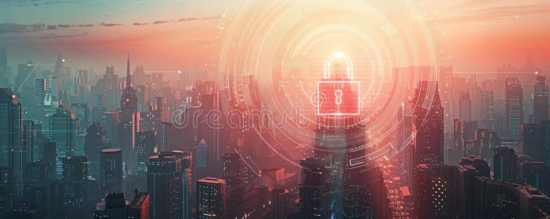 Futuristic Cityscape at Sunset with a Prominent Digital Security Lock ...