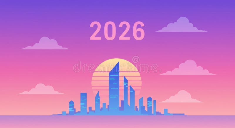 Futuristic Cityscape at Sunset with 2026 Skyline Silhouette and Vibrant ...