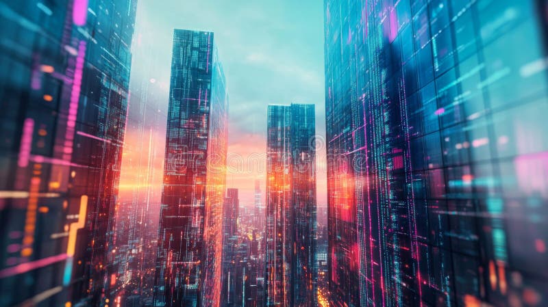 Futuristic Cityscape at Sunset with Vibrant Neon Lights Stock ...