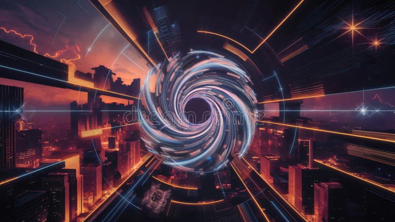 Futuristic Cityscape with Swirling Data Vortex, High Quality Image ...