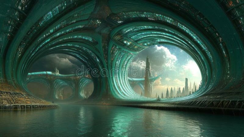 Futuristic Cityscape with Teal Architecture and Water Stock ...