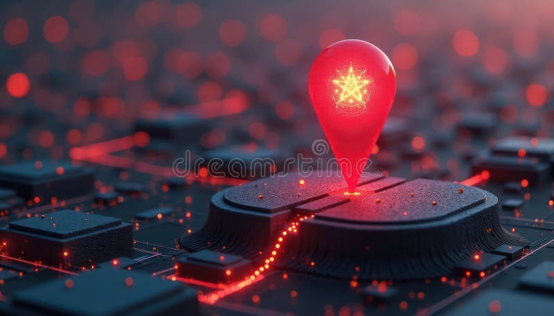 Futuristic Cityscape Tech Location Pin Glows Red. Modern City ...