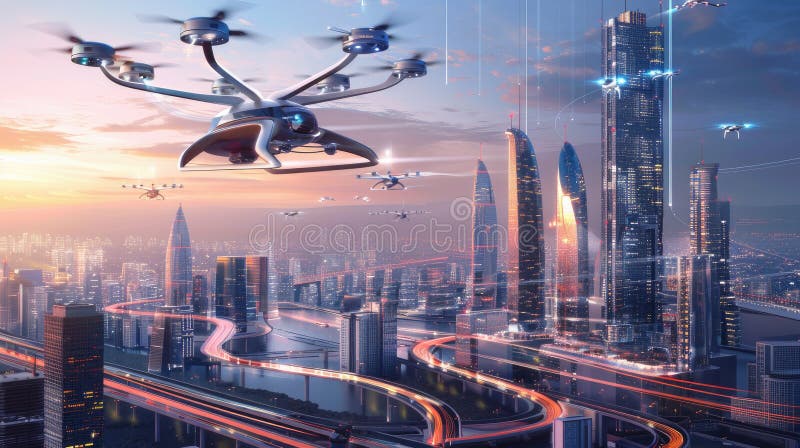 A Futuristic Cityscape Teeming with Activity, Featuring Sleek ...