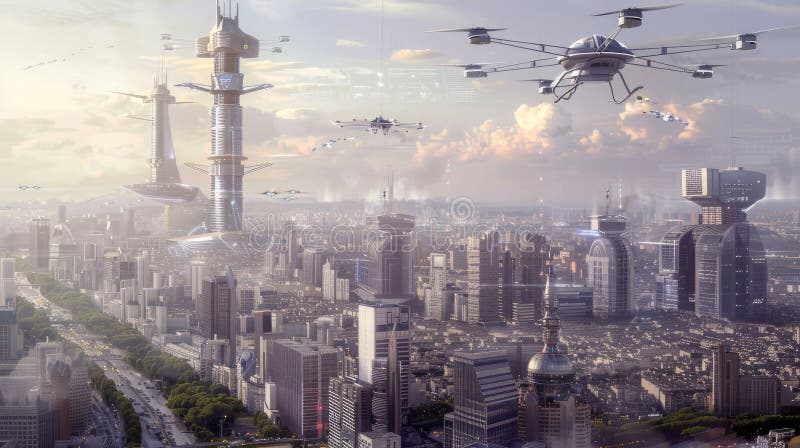 A Futuristic Cityscape Teeming with Activity, Featuring Sleek ...