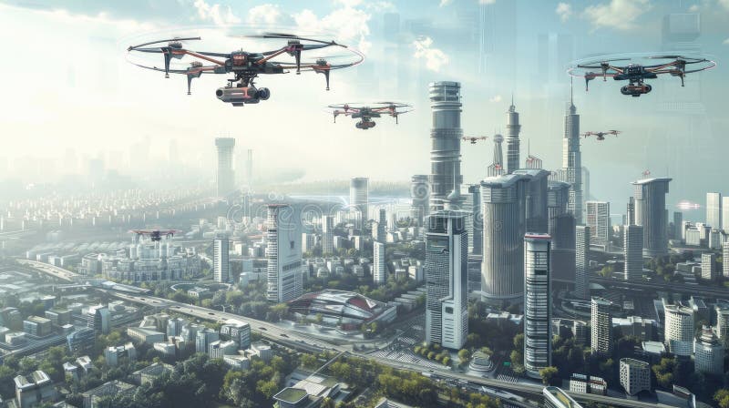 A Futuristic Cityscape Teeming with Activity, Featuring Sleek ...