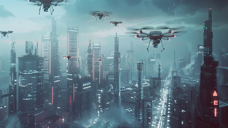 A Futuristic Cityscape Teeming with Activity, Featuring Sleek ...
