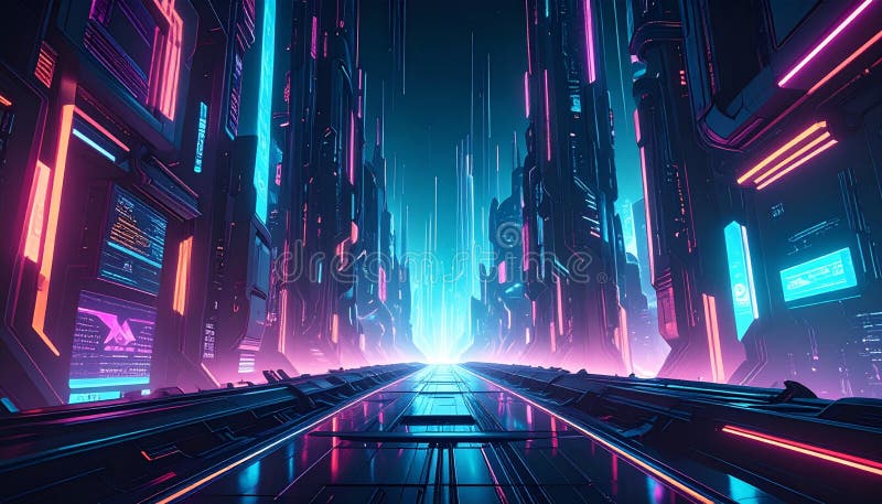 A Futuristic Corridor Framed by Glowing Code Panels Leads into a ...