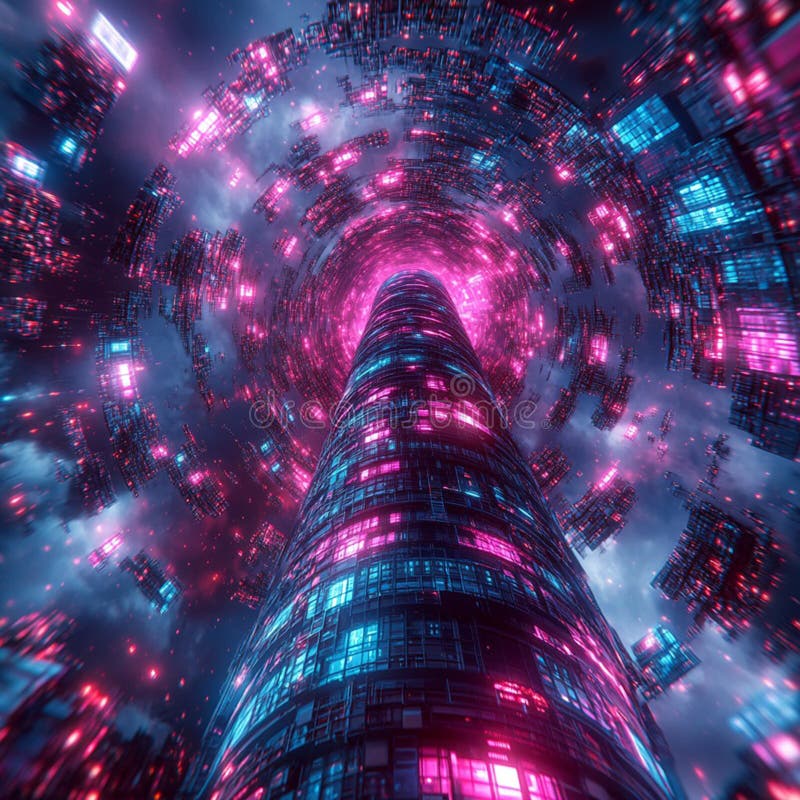 Futuristic Cityscape with Towering Skyscraper and Vibrant Neon Lights ...