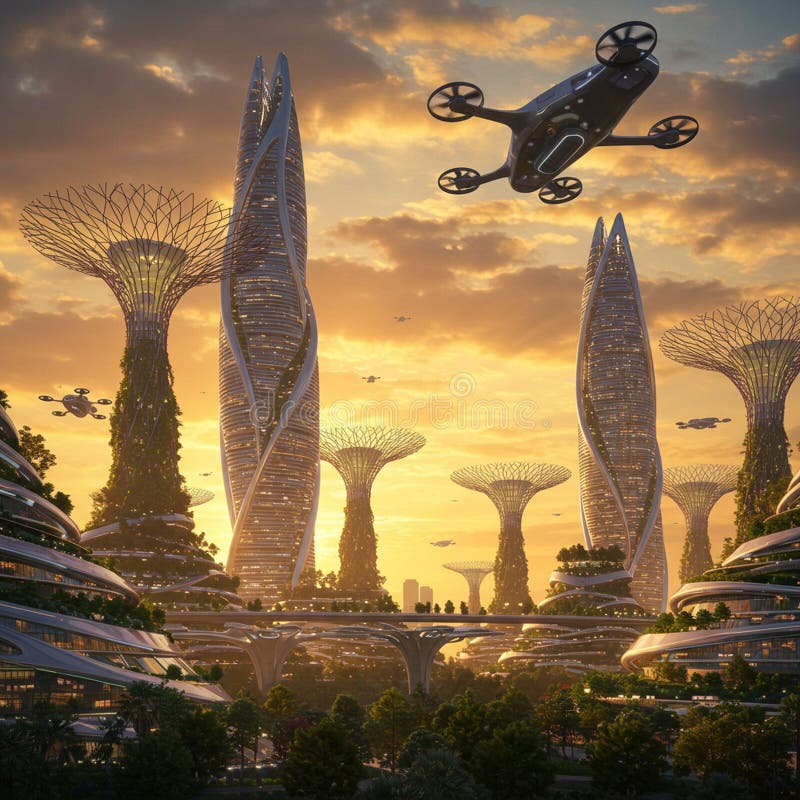 Futuristic Cityscape with Towering Spiral Skyscrapers and Wide, Tree ...