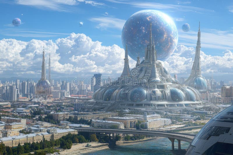 Futuristic Cityscape with Towering Structures and Celestial Spheres in ...