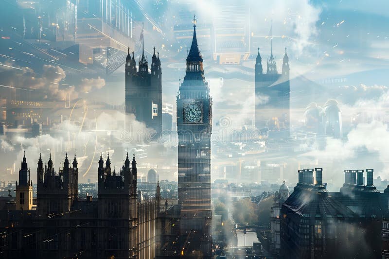 Futuristic Cityscape: Towering Structures and Clock Tower Reflecting a ...