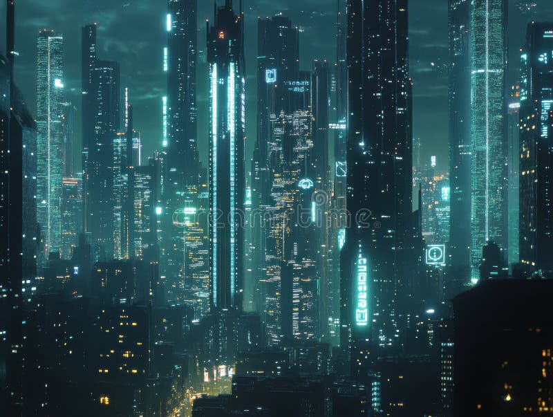 Futuristic Cityscape with Towering Structures Glowing Under the Night ...
