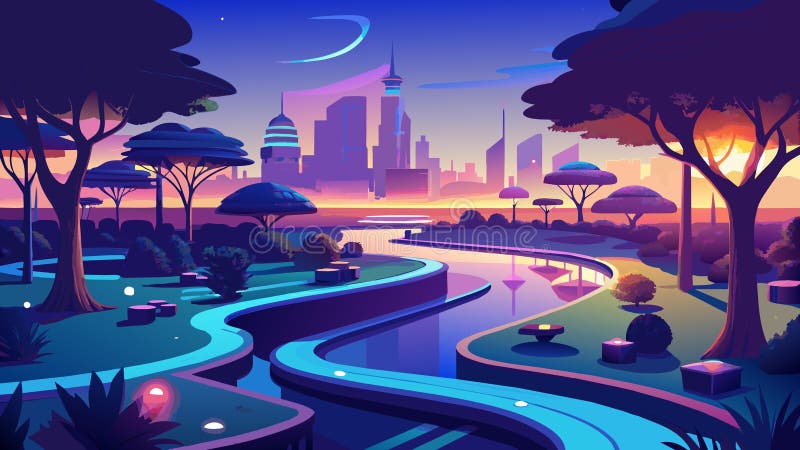 Futuristic Cityscape at Twilight with Glowing Trees and River Stock ... Futuristic Cityscape at Twilight with Glowing Trees and River Stock ...