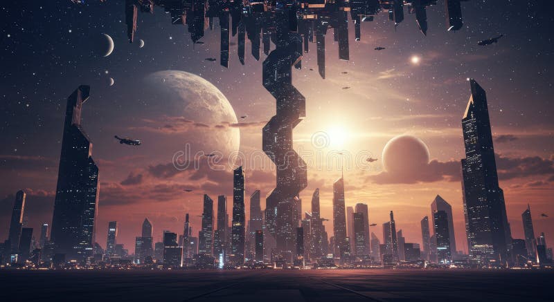 Futuristic Cityscape with Twisted Skyscraper and Celestial Bodies at ...