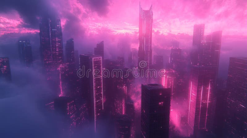 Futuristic Cityscape Under a Pink Cloudy Sky Stock Illustration ...