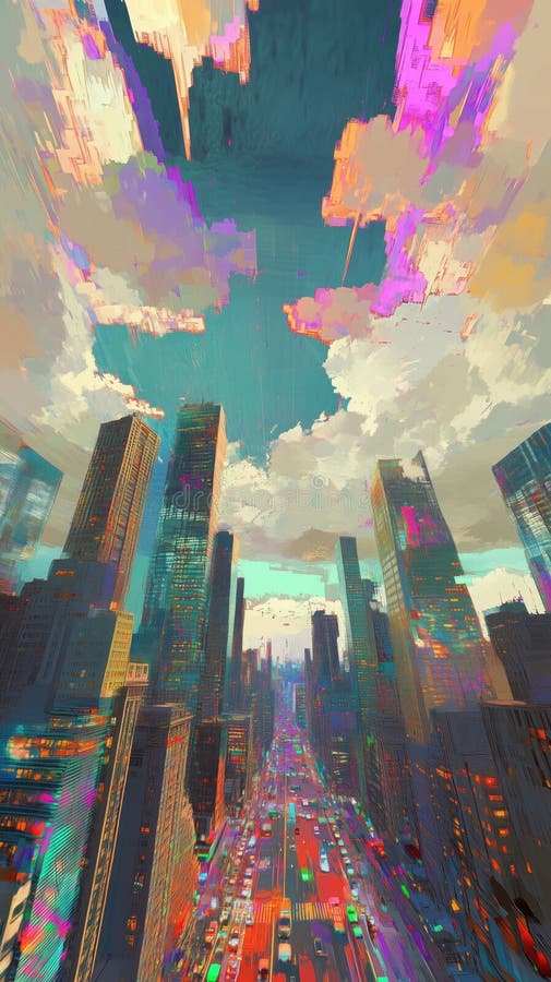 Futuristic Cityscape with Vibrant Colors and Distorted Skyline ...