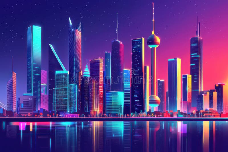 Futuristic Cityscape with Vibrant Colors Showcasing Technological ...