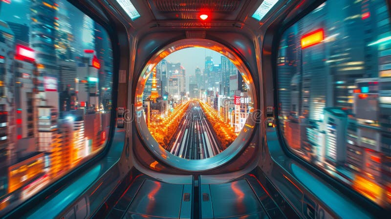 Futuristic Cityscape View from High-Speed Train Window, Generative AI ...