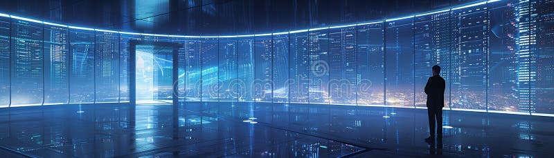 Futuristic Cityscape View from High-Tech Control Room. a Person Stands ...