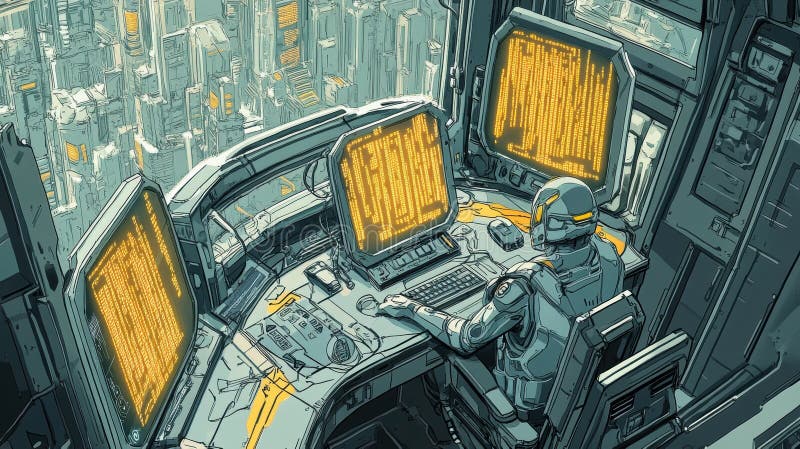 Cyberpunk City Coder stock illustration. Illustration of digital ...