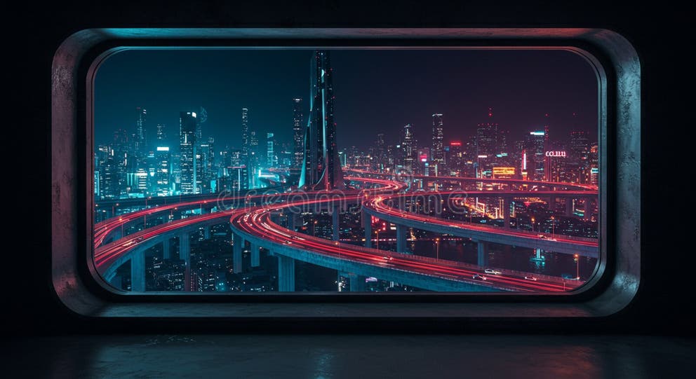 Futuristic Cityscape Viewed through a Large, Rectangular Window ...