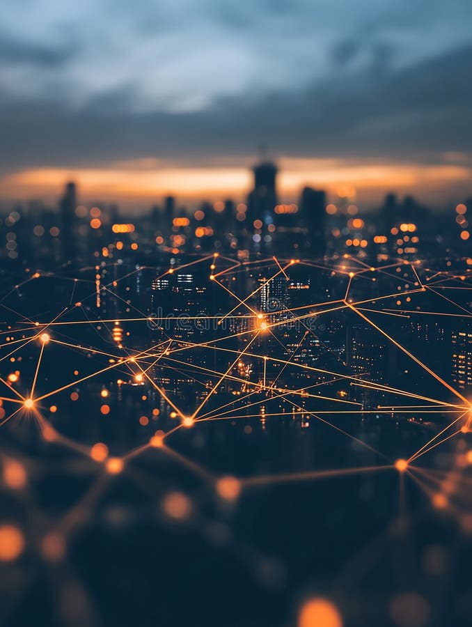 A Futuristic Cityscape with Virtual Data Lines Connecting Buildings ...