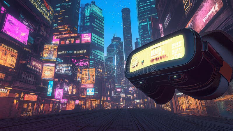Futuristic Cityscape with Virtual Reality Goggles in Neon-Lit Night ...
