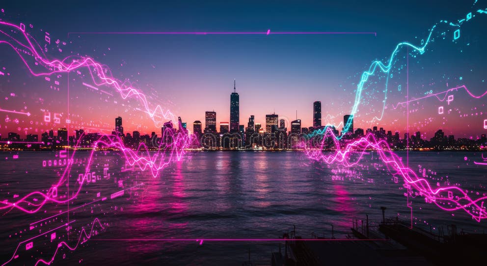 Futuristic Cityscape with Virtual Reality Overlay at Sunset Stock Photo ...