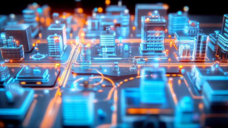 Futuristic Cityscape Visualization Displaying Illuminated Buildings and ...