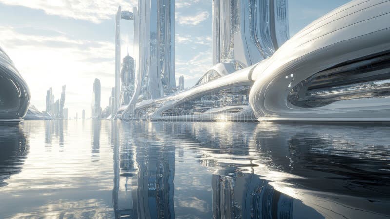 Futuristic Cityscape on Waterfront with Reflective Water Stock ...