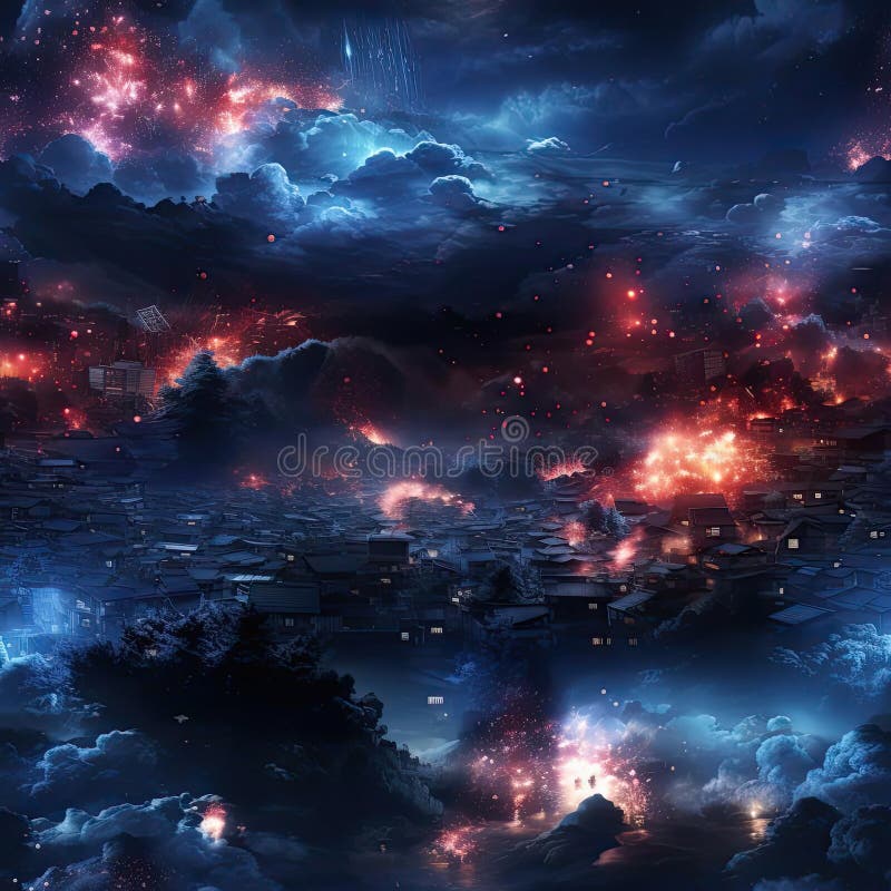 Futuristic Cityscapes with Clouds and Fire in Dark Azure and Red Tones ...