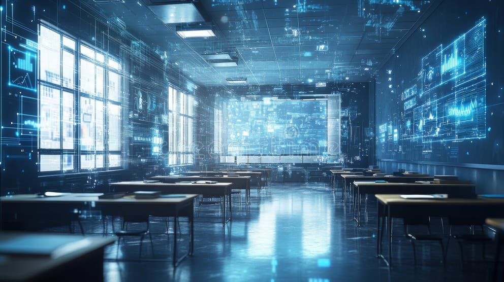Futuristic Classroom: Blue Glowing Data Particles in Modern Schoolroom ...