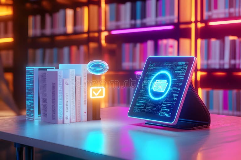 Futuristic Classroom Desk with Levitating Tablet Glowing E Ink Pages ...
