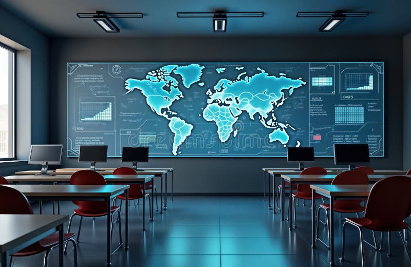 Futuristic Classroom with Digital World Map on Interactive Board ...