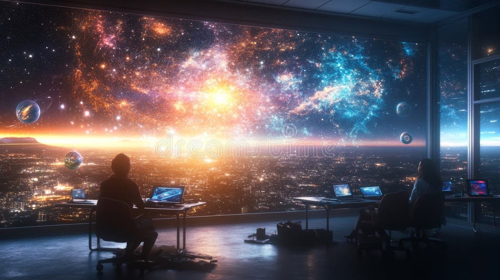 Futuristic Classroom with Expansive Cosmic View and Advanced Technology ...