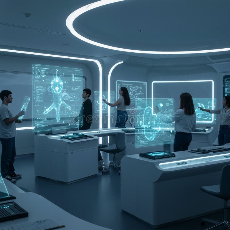 Futuristic Classroom Featuring Advanced Holographic Screens Displaying ...