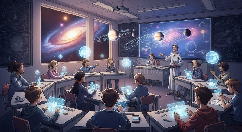 Immersive Futuristic Classroom with Diverse Students Learning Astronomy Using Advanced ...